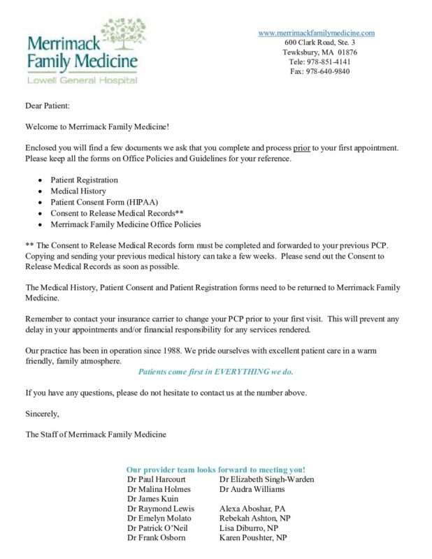 MFM Welcome letter | Merrimack Family Medicine